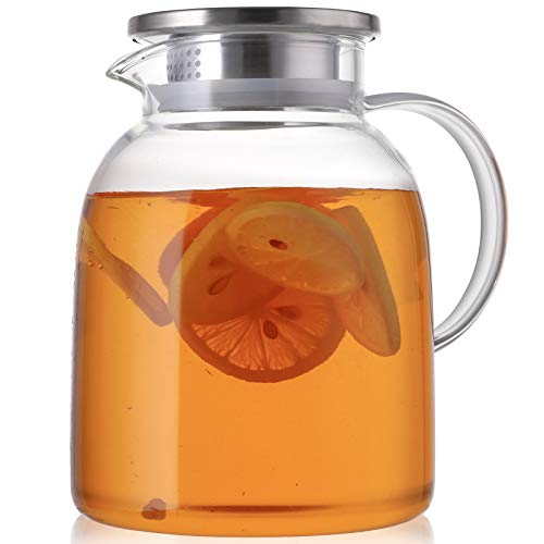 Hedume 2 Liter 68 Ounces Glass Pitcher with Lid, Large Heat Resistant Glass Beverage Pitcher, Glass Water Pitcher with Lid and Handle, Carafe for Iced Tea, Wine, Coffee, Milk and Juice Beverage