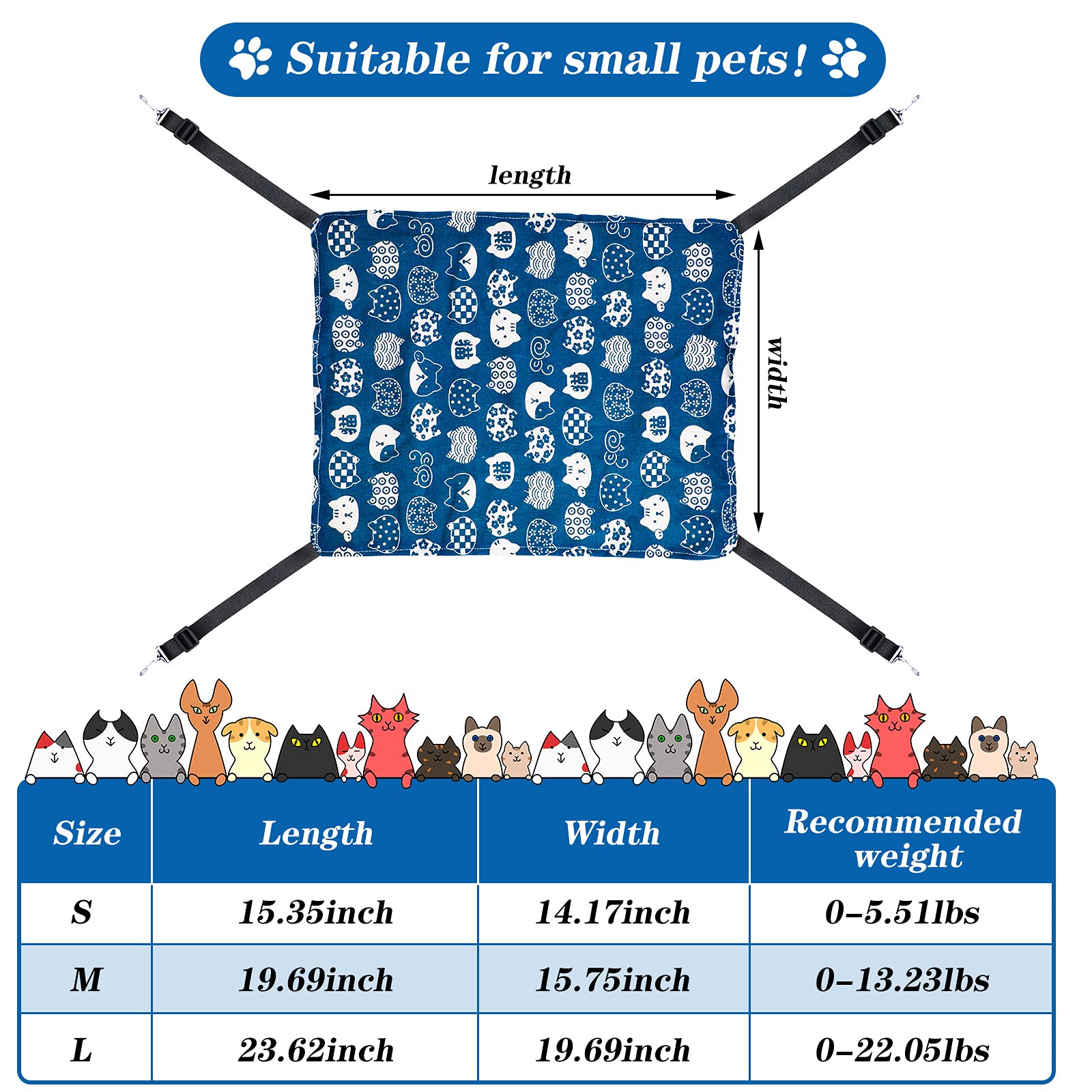 2 Pieces Reversible Cat Hanging Hammock Soft Breathable Pet Cage Hammock with Adjustable Straps and Metal Hooks Double-Sided Hanging Bed for Cats Small Dogs Rabbits (Cat and Plaid,L)