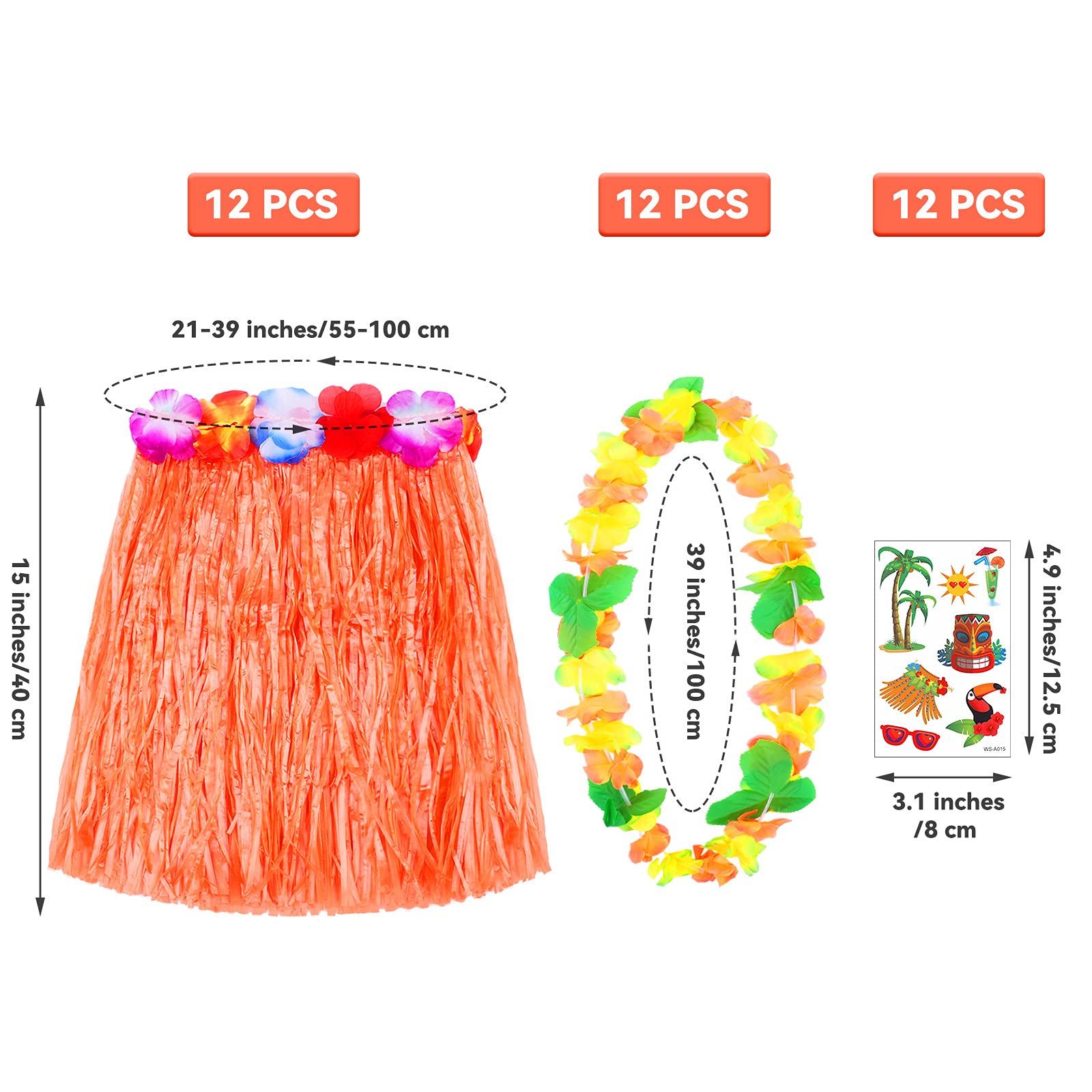 Elcoho 36 Pack Hawaiian Party Decorations Set Including 12 Pack Hawaiian Grass Skirt 12 Pack Luau Leis Necklaces and 12 Pack Hawaiian Temporary Tattoos for Luau Party Supplies