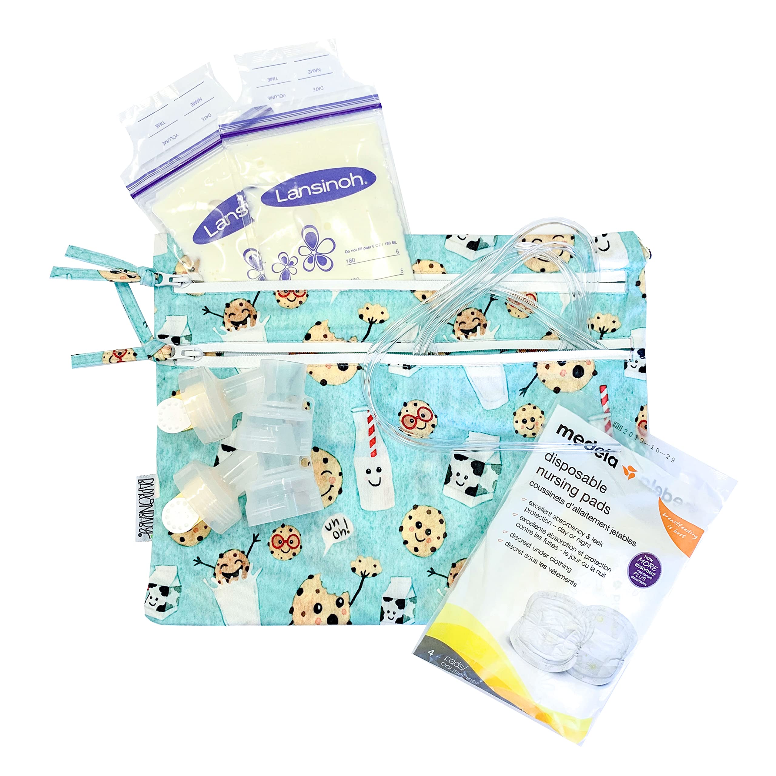 BapronBaby Cookies & Milk Wet Dry Bag - Waterproof Two Zipper Pockets - Reusable for Mealtime, Diapers, Stroller, Snacks, Swimsuits - Machine Washable - 11" x 9"
