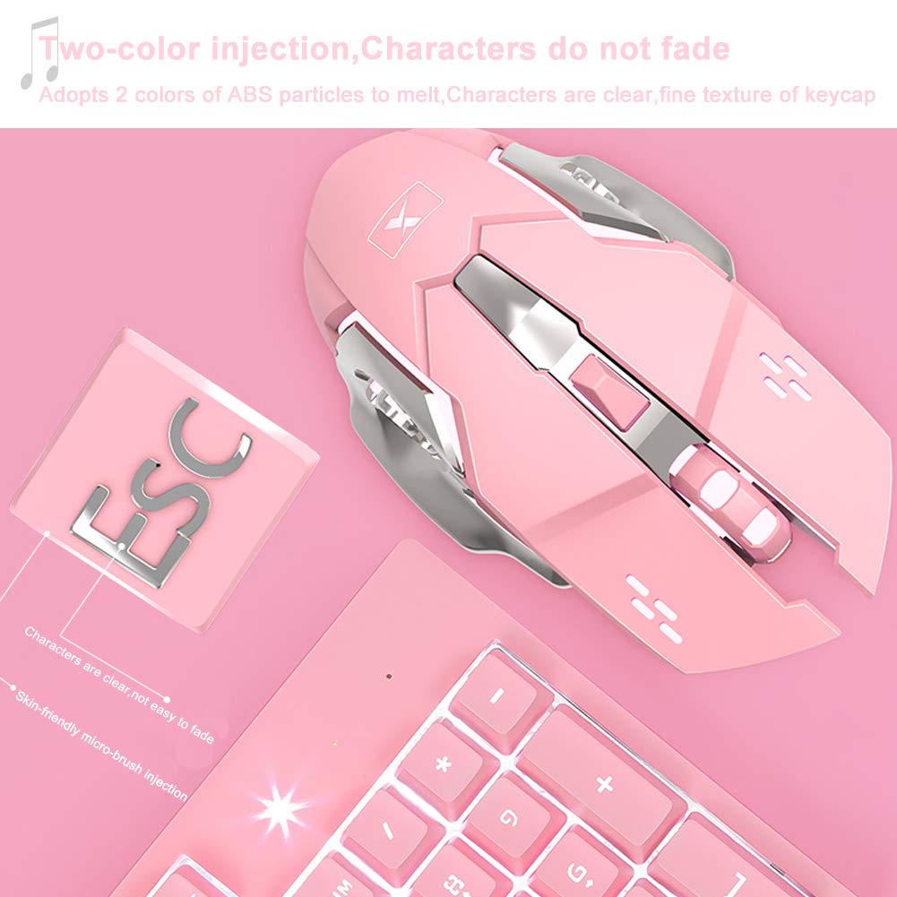Rechargeable Keyboard and Mouse,Soke-Six 2.4G Wireless Mechanical Feel Backlit Gaming Keyboard Mice Combo Home Office Gamer Design Use for Laptop Pc Mac (Pink)