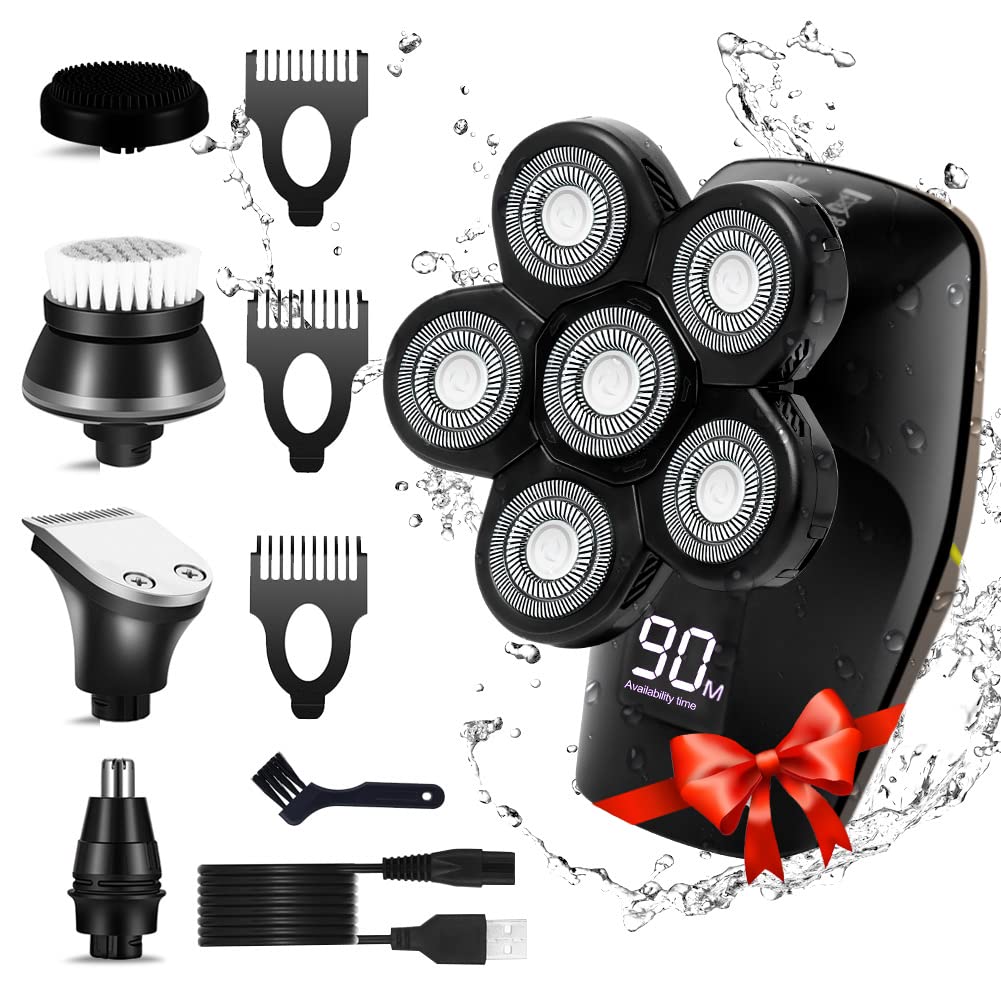 Electric Head Shaver for Bald Men, SURKER Upgrade Rotary 6 in 1 Multifunctional Electric Razor Grooming Kit, USB Rechargeable Wet and Dry Cordless Waterproof Hair Trimmers LED Display