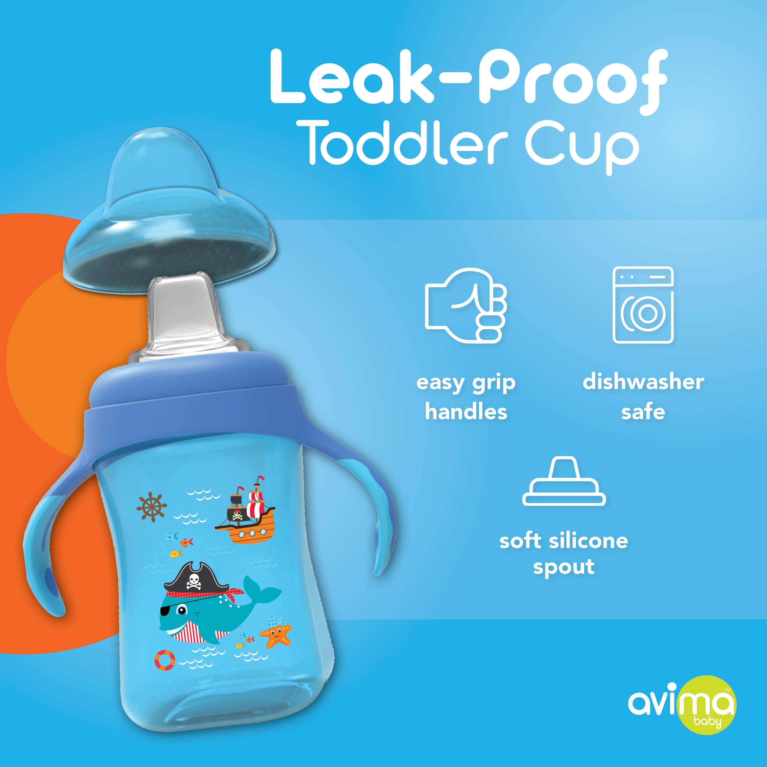 Avima Baby 10 oz Spill Proof Baby Sippy Cup w/Interchangeable Soft Spout Nipple - Trainer Sippy Cup with Handles - BPA Free & Dishwasher Safe Kids Cups - Set of 2, Blue