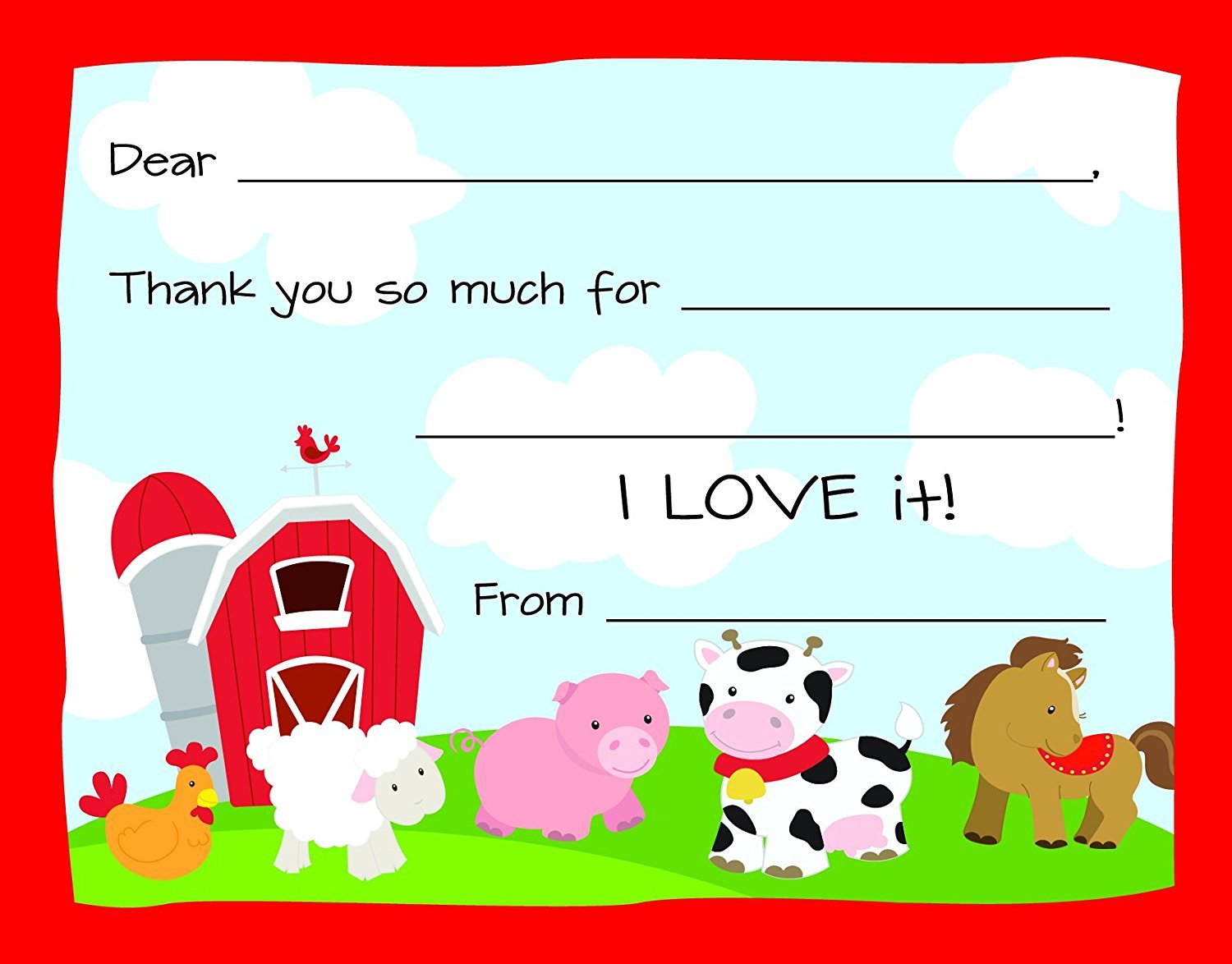 20 Barnyard Fill-in Children Birthday Thank You Cards