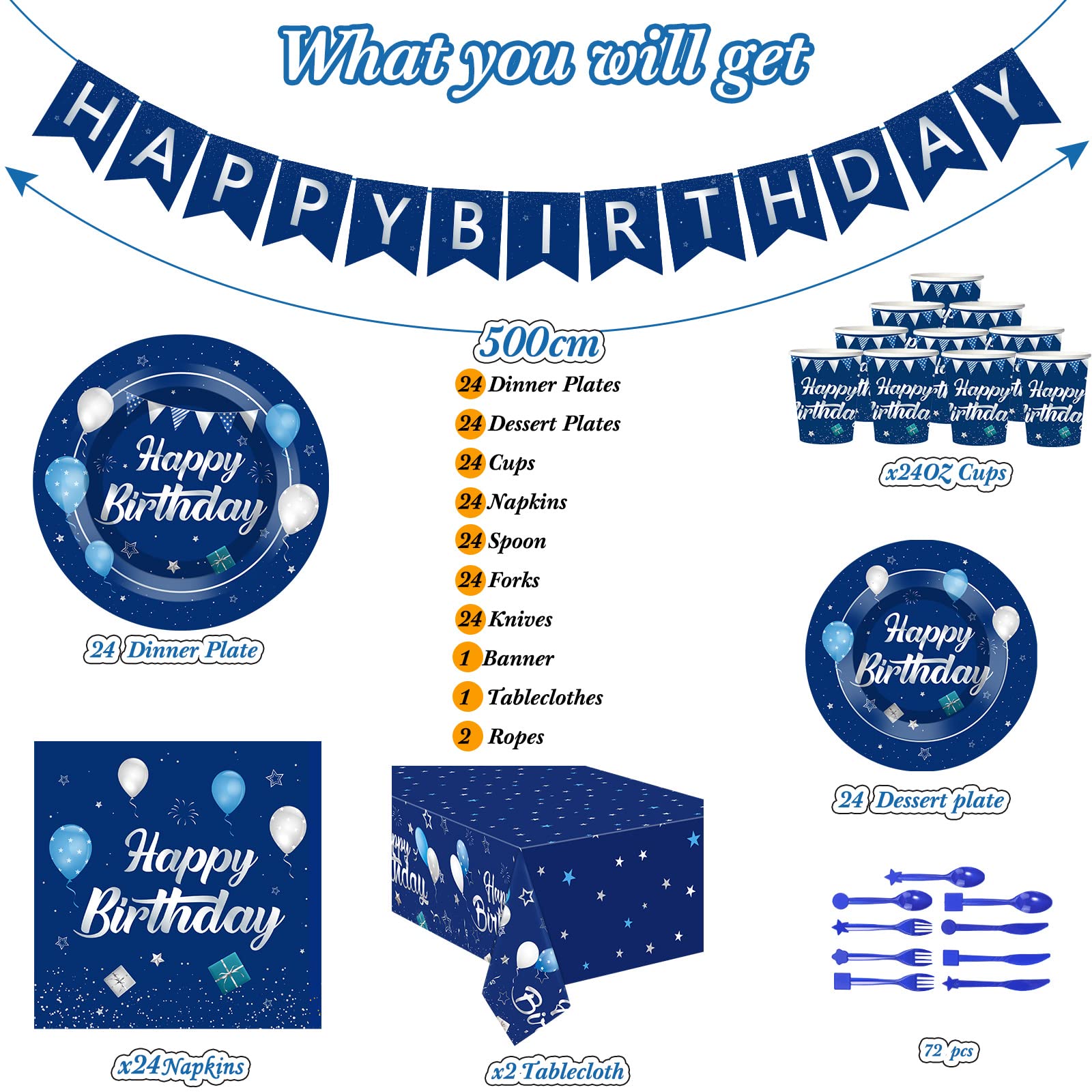 171 Pieces Happy Birthday Party Tableware Set Birthday Decoration Birthday Banner and Tablecloths Plates Cups Napkins Party Dinnerware for 24 Guests Party Supplies (Blue and Silver)