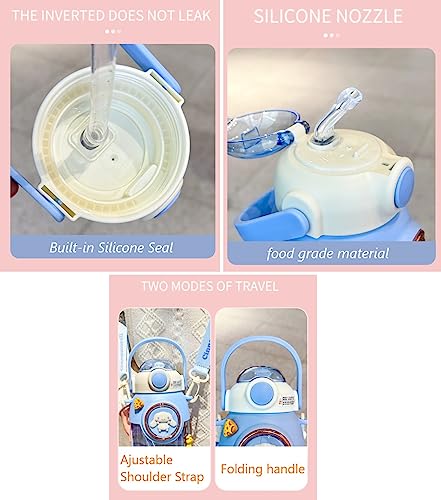 28 oz Kawaii Water Bottle for Girls, Cute Water Bottles with Straw and Shoulder Strap, Large Capacity Portable Summer Leak Proof Water Bottle for Kids,820ML (Blue)