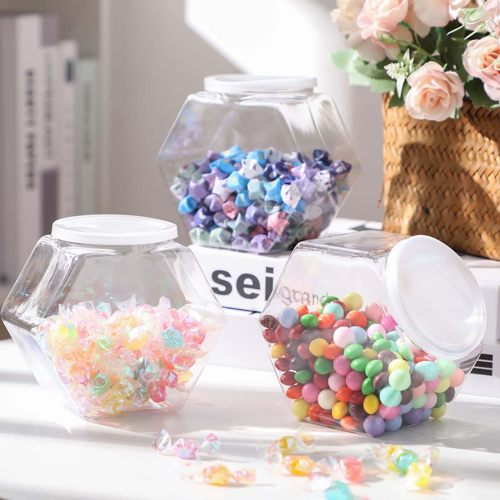 12 Pieces Hexagon Shaped Plastic Cookie Jars with Airtight Lids Wide Mouth Clear Plastic Candy Jars Reusable Candy Containers for Home Snack Candy Buffet Storage Kitchen Counter, 850 ml, 2150 ml