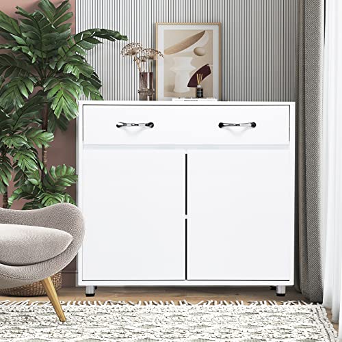 Henf White Storage Cabinet with Two Doors and 1 Big Storage Drawer Side Table Kitchen Storage Sideboard 2 Tire Pantry Cabinet for Living Room Bathroom Laundry Room Furniture