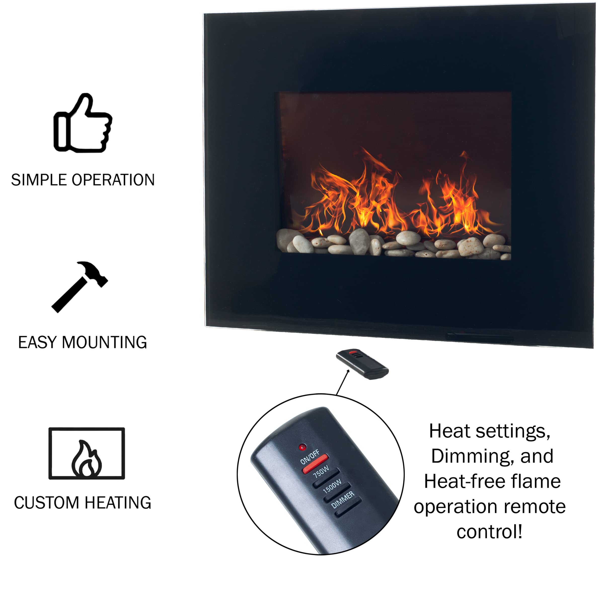 26-Inch Wall-Mounted Electric Fireplace β Indoor Glass Fireplace Heater with Pebble Fuel Effect β Adjustable Heat, Flames, and Brightness with Remote by Northwest (Black)