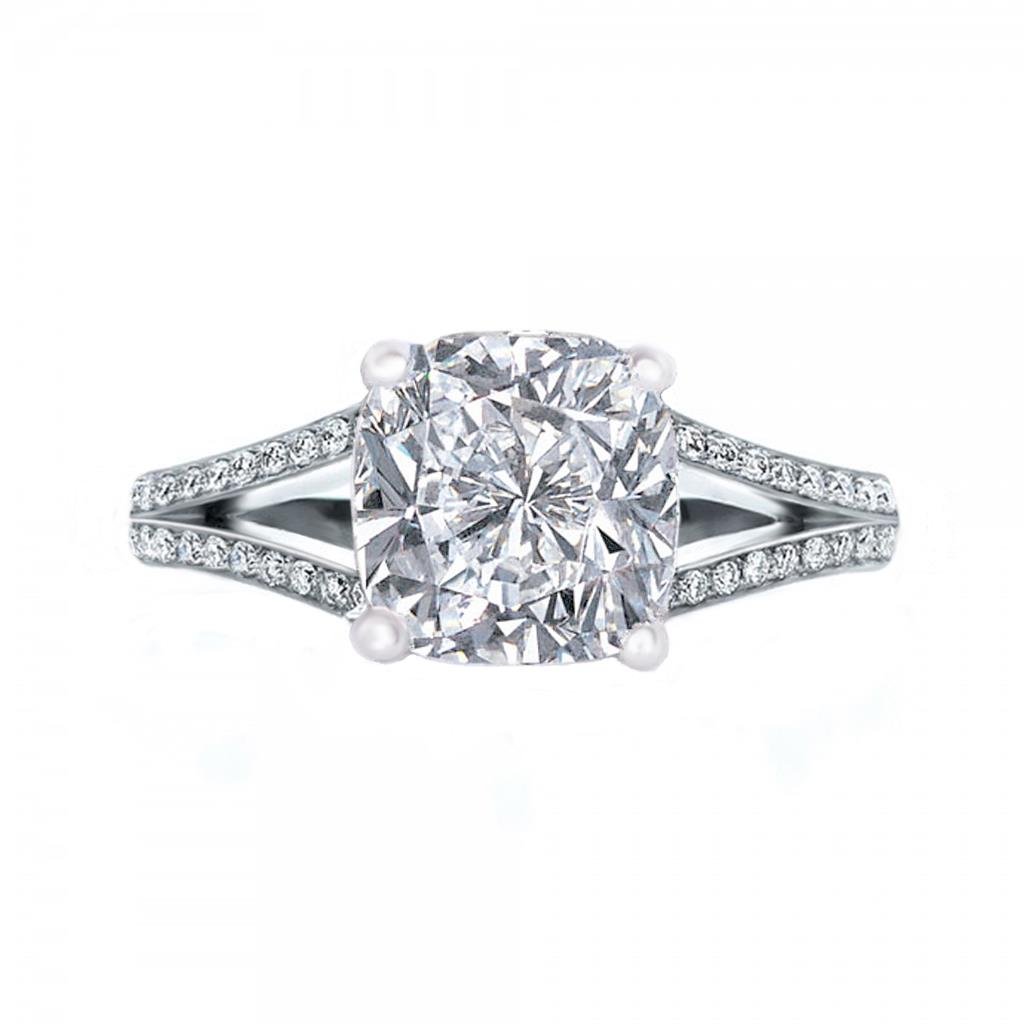 101 Facets 2 Carats Realistic Princess Cushion Cut NSCD Simulated Diamond Solitaire Split Shank Ring 925 Silver Platinum Plated RSPLIT90
