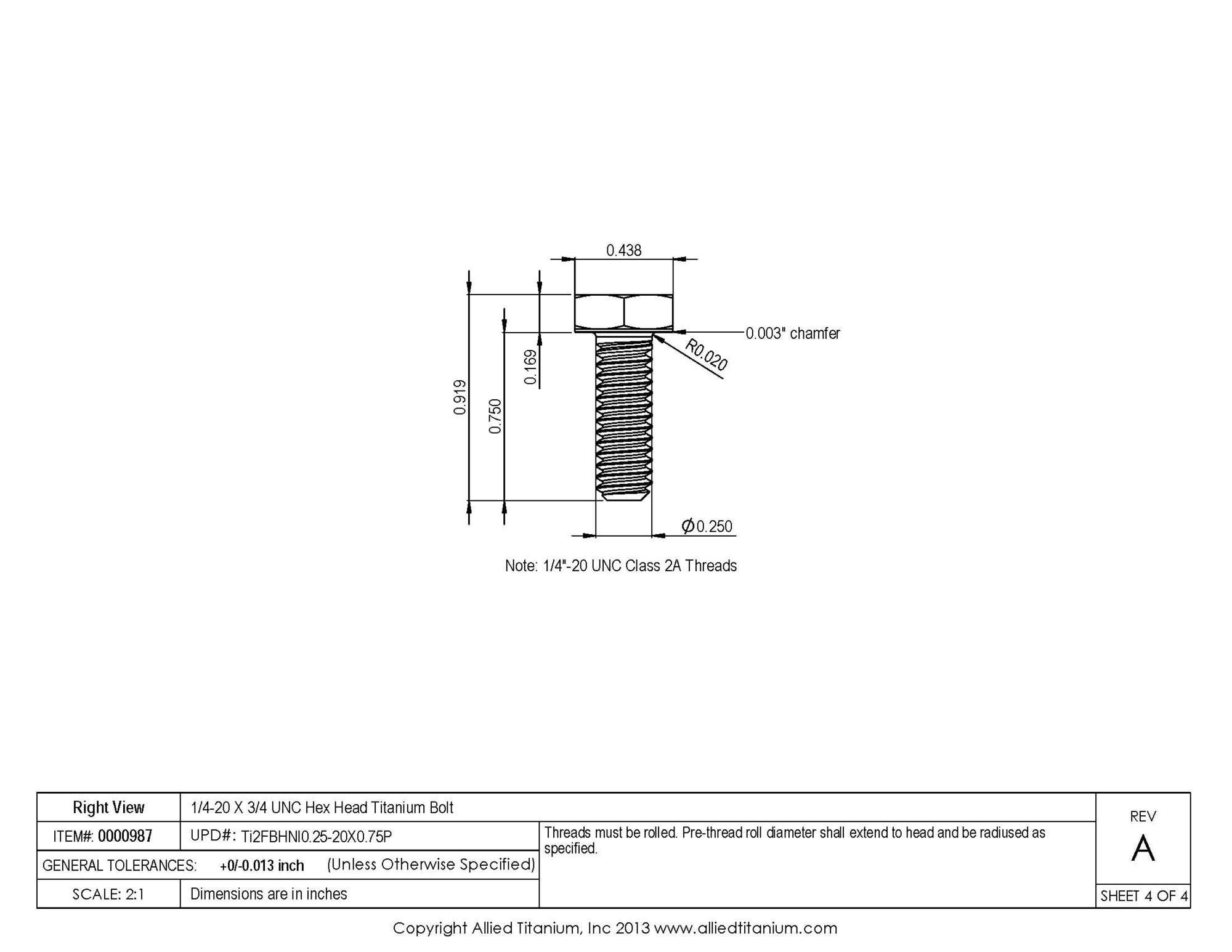 Allied Titanium 0000987, (Pack of 20) 1/4-20 X 3/4 UNC Titanium Hex Head Bolt, Grade 2 (CP)
