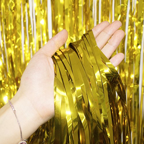 3 Pack Foil Curtains Metallic Foil Fringe Curtain for Birthday Party Photo Backdrop Wedding Event Decor (Gold)