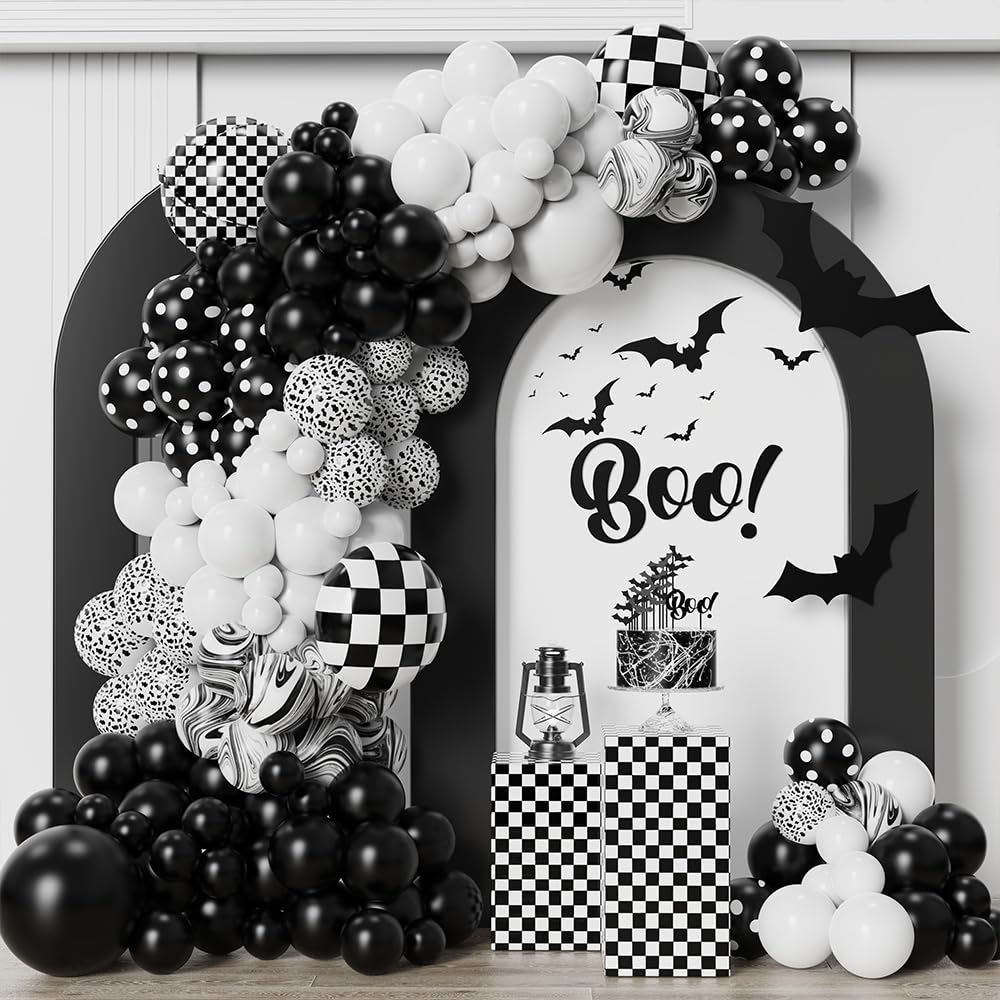 137PCS Black and White Balloon Garland Arch Kit,Agate Marble Polka Dot Balloons Checkered Racing Mylar Balloon for Halloween Race Car Theme Birthday Bachelorette Retirement Graduation Party Decor