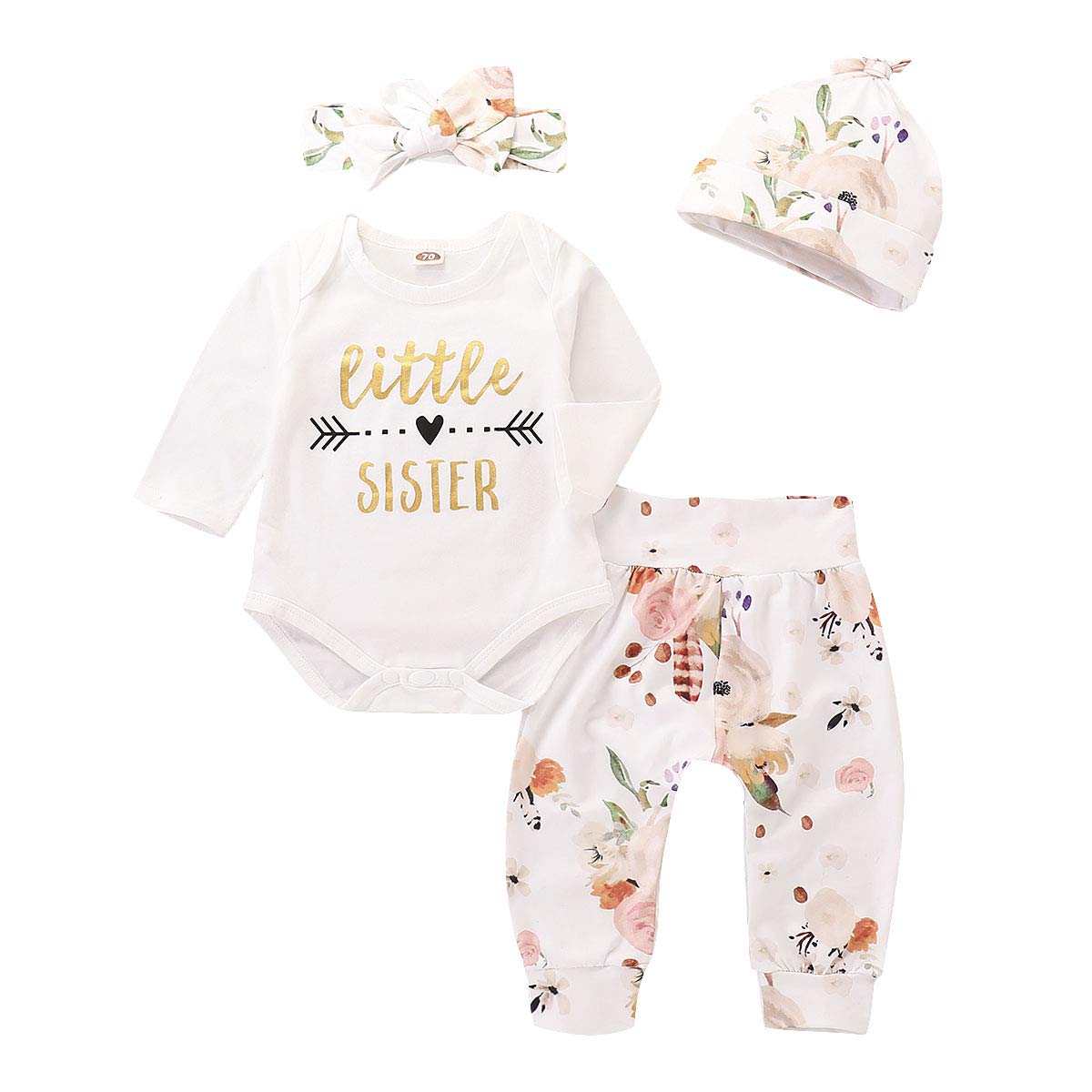 4Pcs Infant Girl Outfits Baby Sister Bodysuit Tops Floral Leggings Pants Set Bowknot Headbands Newborn Clothes (Little Sister,0-3 Months)