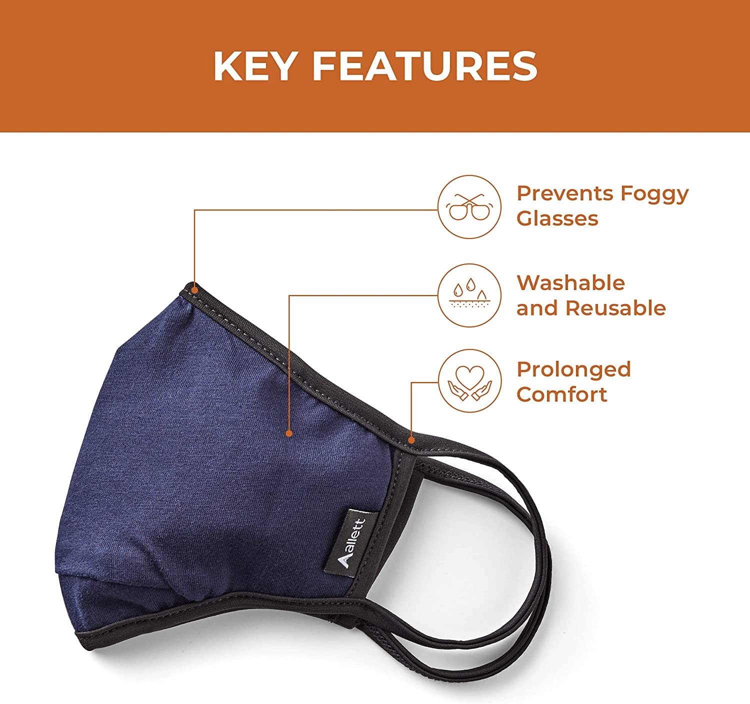 Allett Face Mask, Navy Blue | 2 Pack | Made of Cotton, Built in Polypropylene Filter | Soft Earloops, Washable, Reusable | With Nose Wire & Chin Gusset | For Adults