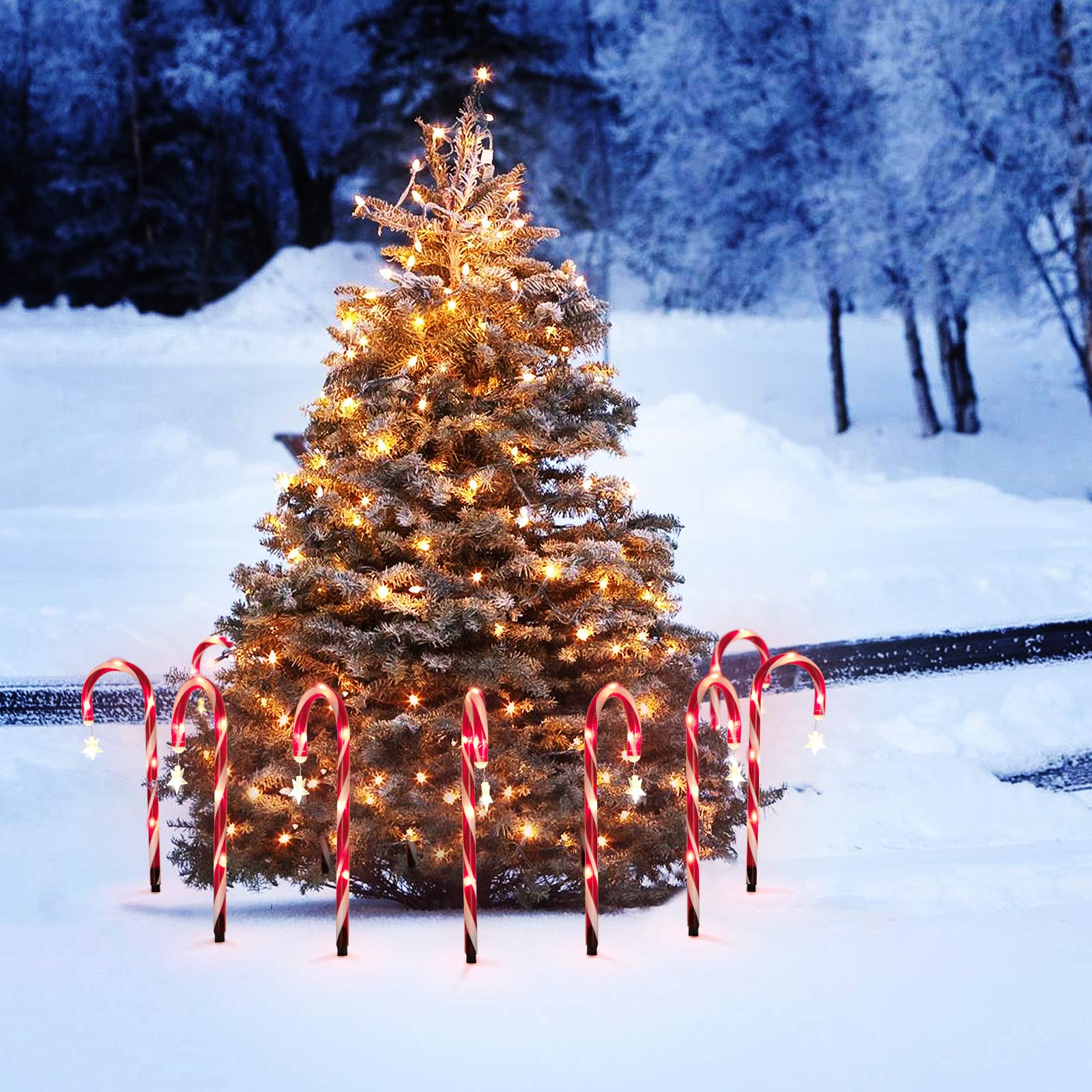 20 Pack Christmas Decorations Outdoor Solar Candy Cane Lights Pathway Markers Lights with Star for Walkway, Driveway, Lawn, Yard, Garden, Home Decoration
