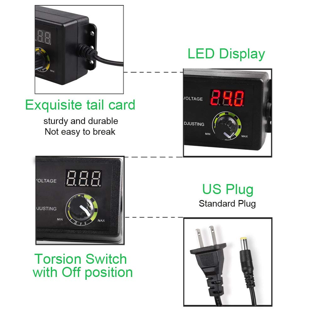 AlloverPower 3V - 24V 1.5A 36W Universal Adjustable DC Power Supply Kit AC Adapter Speed Control Volt Display ON Off Switch with Variable 8 Plugs