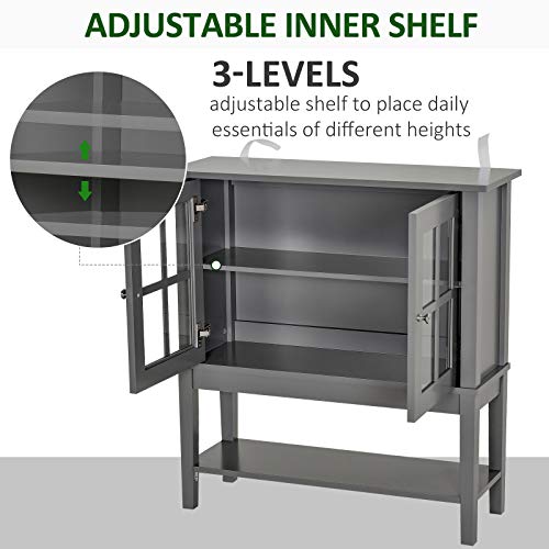 HOMCOM Coffee Bar Cabinet, Modern Sideboard Buffet Cabinet, Kitchen Cabinet with 2 Glass Doors, Adjustable Inner Shelving and Bottom Shelf, Grey