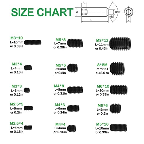FOLIV Set Screws - 300Pcs Hex Allen Head Socket Set Screw Assortment Kit - M2.5/M3/M4/M5/M6/M8 Grub Screw with Internal Hex Drive (Black)