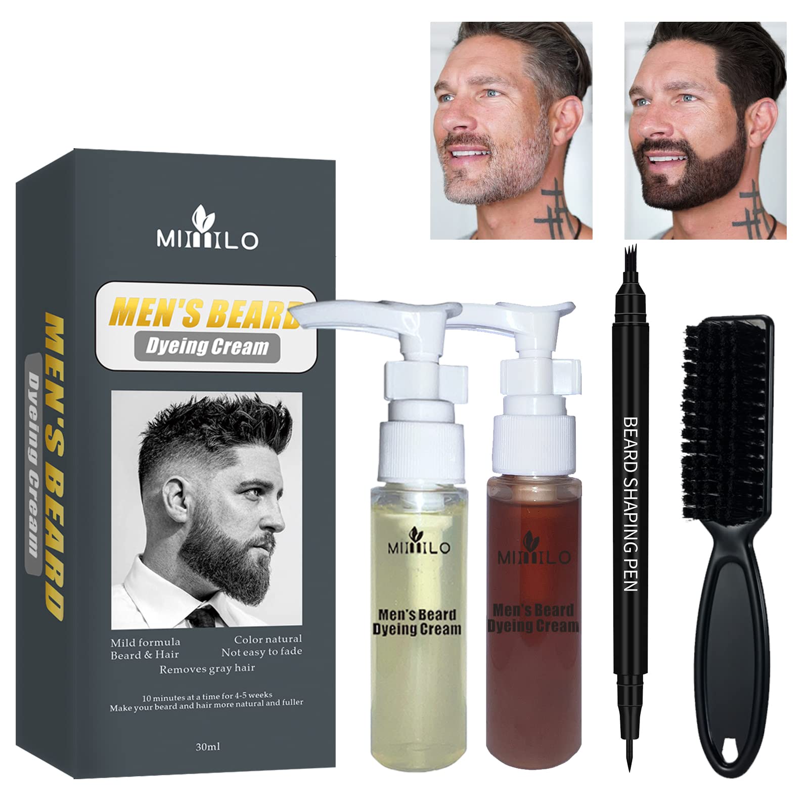2 in 1 Instant Beard Dye and Beard Pencil Filler For Men, Semi Permanent Beard & Mustache Dye, Lasts For 5 Weeks, Easy to Use, Waterproof and Sweatproof Beard Pen