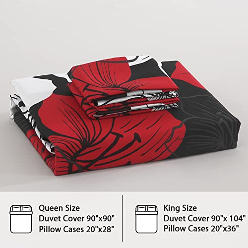 3 Pieces Duvet Cover Set Queen Red Floral Pattern Comforter Cover Elegant Boho Floral Duvet Cover with 2 Pillow Cases Lightweight Microfiber Bedding Duvet Cover Set All Season (Black, 90"x90")