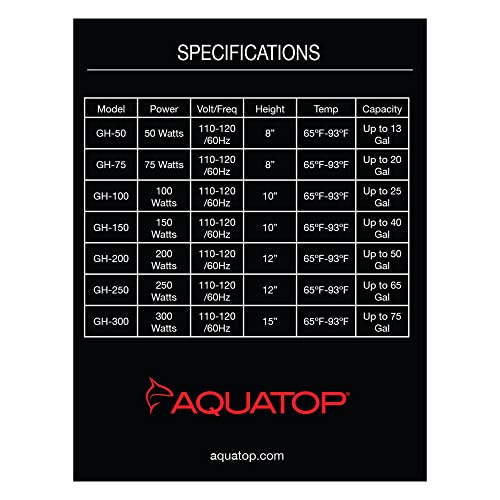 Aquatop 50W Aquarium Submersible Glass Heater β Fully Submersible For Fish Tanks Up To 13 Gallons, 68-93F Adjustable Temperature Range, Fresh & Saltwater Use, Aquarium Heaters, GH-50