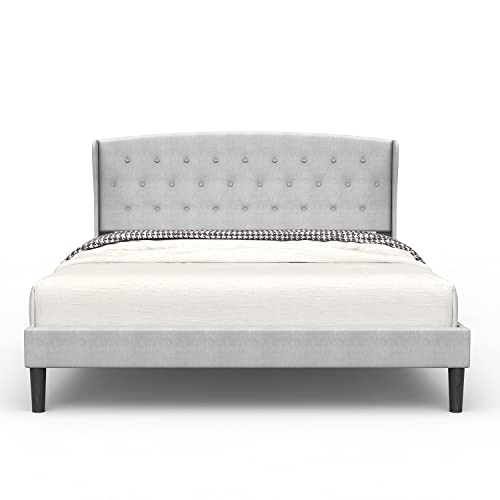 BONSOIR Queen Size Bed Frame Upholstered Traditional Low Profile Platform with Tufted Wing Back Headboard/No Box Spring Needed/No Bed Skirt Needed/Linen Fabric Upholstery/Light Grey (Queen Size)