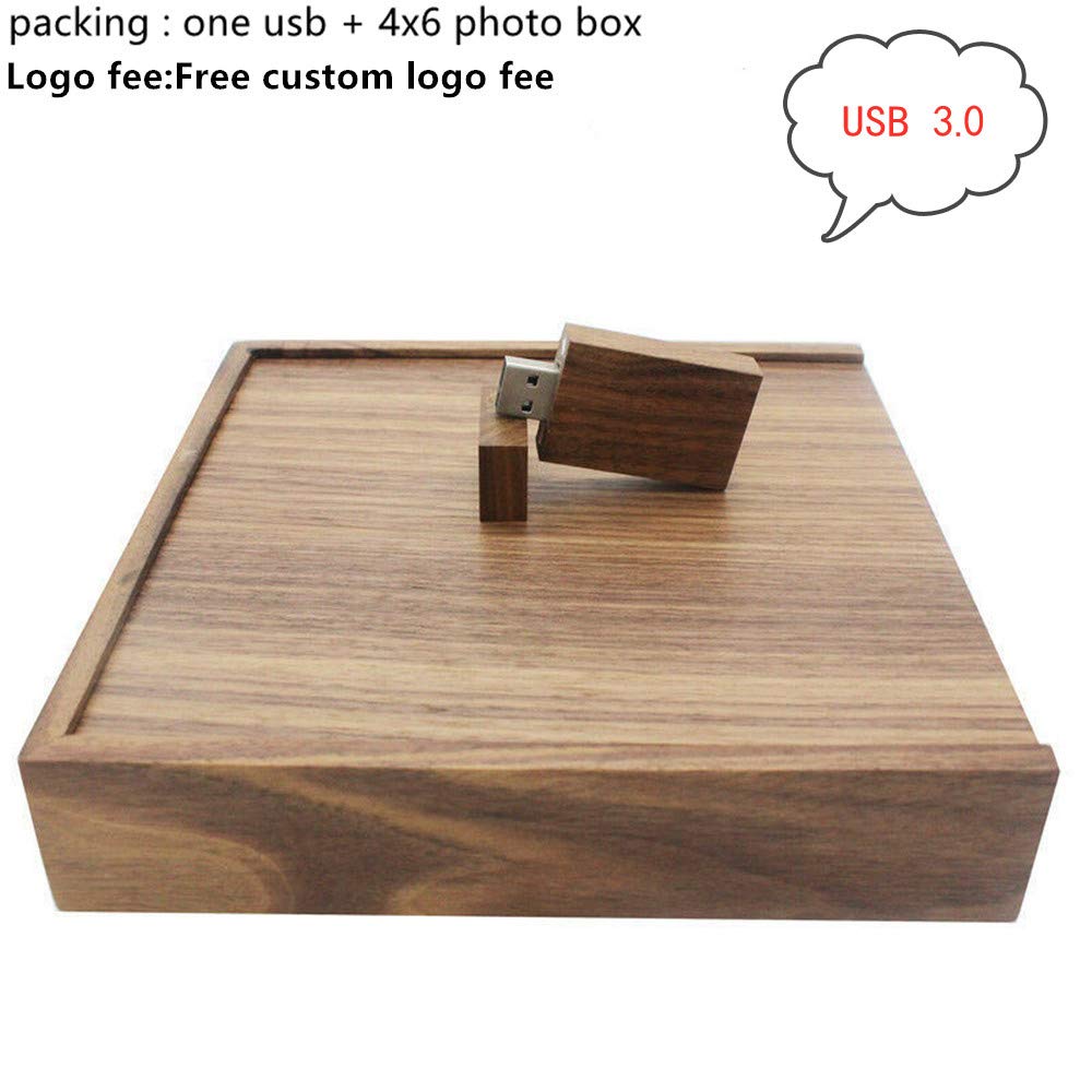 Custom USB Flash Drives Personalized with Your Logo, USB 3.0 Walnut Wooden USB Flash Pen Driver with Photo Wood Album Box,Laser Engrave Logo (32GB, one Walnut USB+4x6 Photo Box)