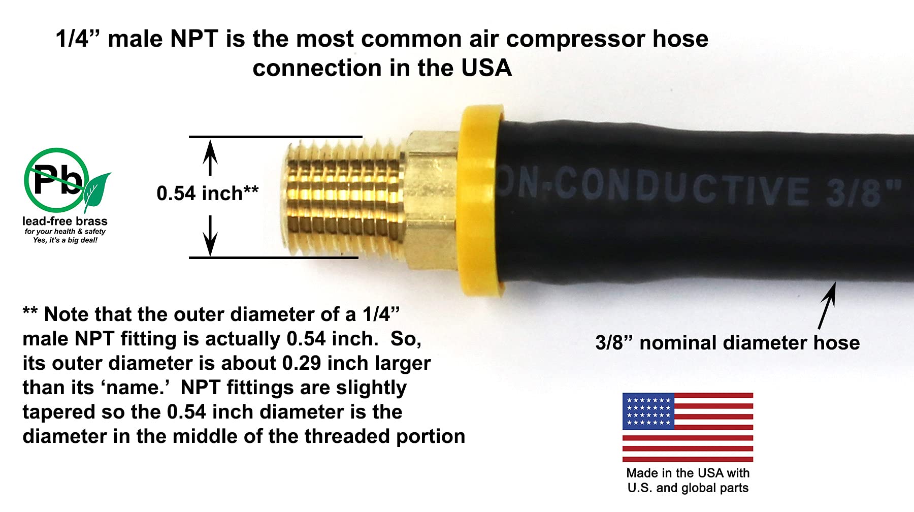 18-inch Short Air Compressor Hose: 1/4" Male NPT To 1/4" Male NPT Connections (Lead-Free Brass)