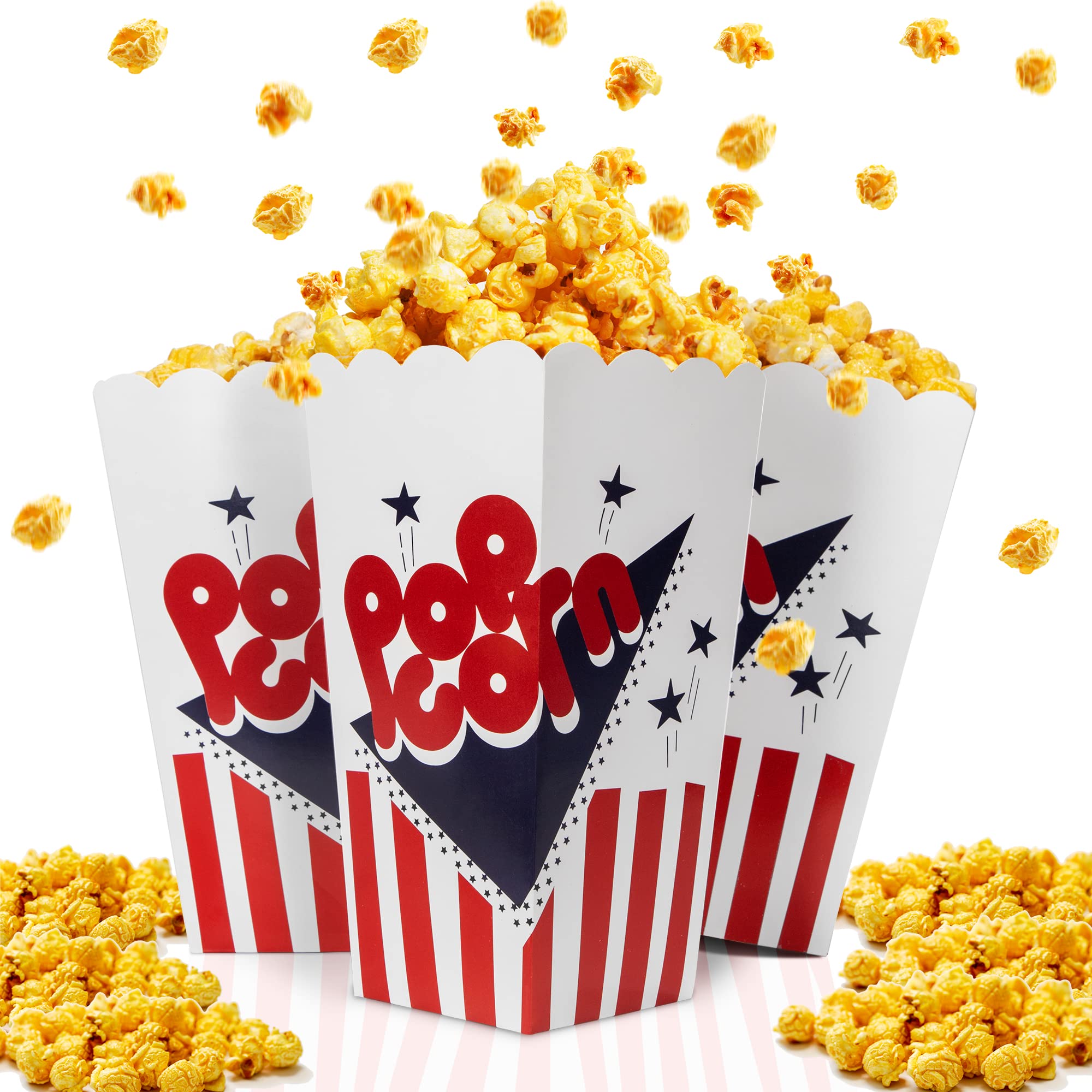 30 Pcs Popcorn Boxes,7.75 Inches Tall & Holds 46 Oz Popcorn Containers,Fashion Design Red White & Blue Colored Nostalgic Carnival Stripes and Stars Paper Popcorn Bags for Party Home Movie Theater