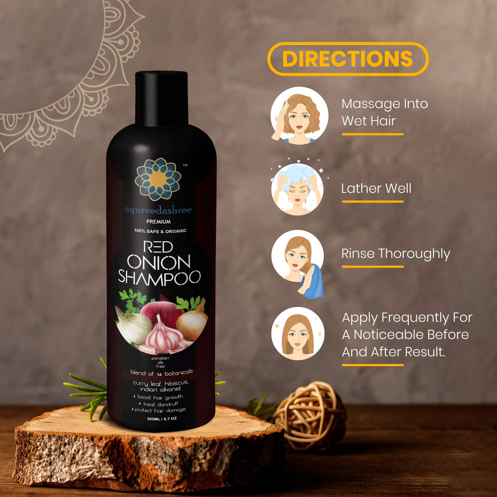 AYURVEDASHREE Red Onion Hair Growth & Hair Fall Control Shampoo – With Curry Leaf, Hibiscus, Indian Alanket, Blend of 14 Botanicals 200ML - SLS and Paraben Free - 100% Safe & Premium- All Hair Type