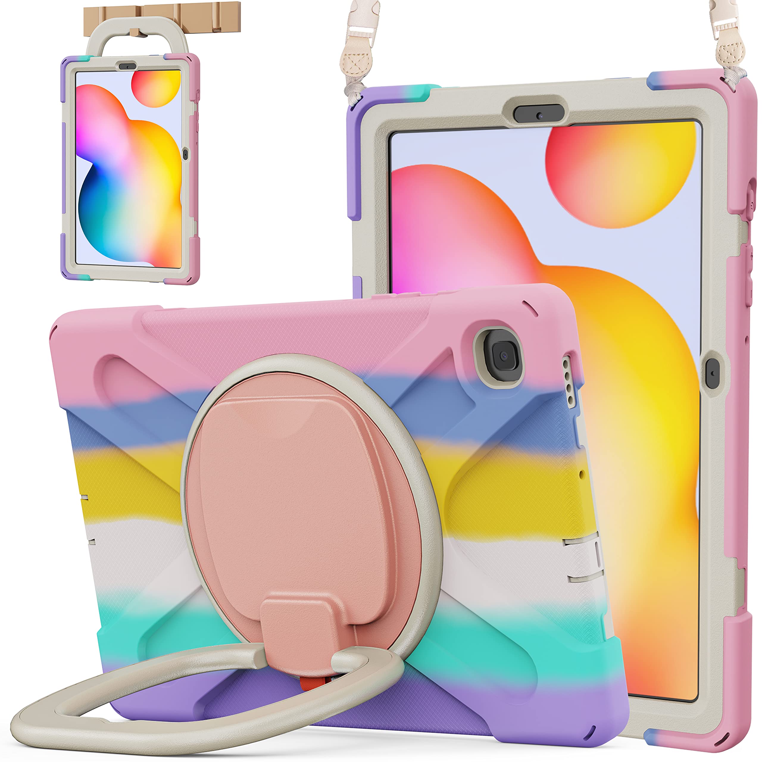BATYUE Case for Samsung Galaxy Tab S6 Lite 10.4 Inch 2022/2020 (SM-P610/SM-P613/SM-P615/SM-P619), Protective Case with Pencil Holder, 360° Swivel Stand, Shockproof Drop; for Kids - Colourful Pink