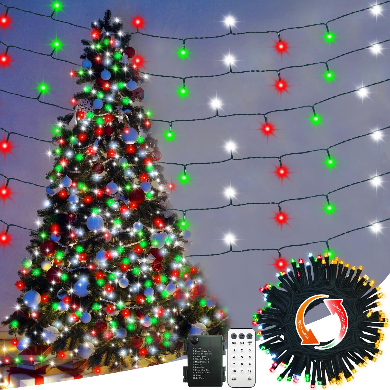 100 LED Red White Green Christmas String Lights Battery Operated, Dual Color Changing Fairy Lights 33Ft Green Wire with Remote Timer Outdoor Indoor Twinkle Fairy Lights for Christmas Decor