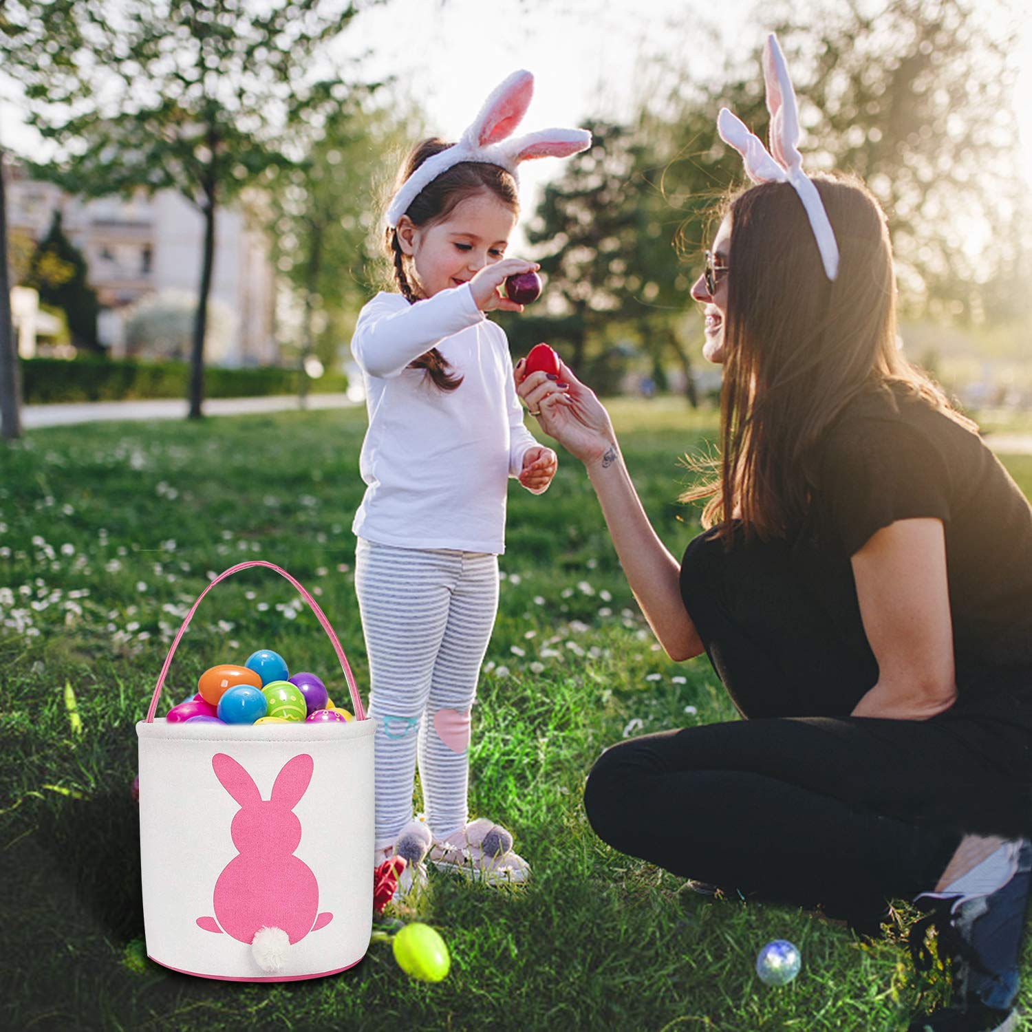 TOPLEE 3 PCS Easter Eggs Hunt Basket for Kids Canvas Bunny Basket Egg Bags Rabbit Fluffy Tails Party Celebrate Decoration Gift Toys Carry Bucket Tote