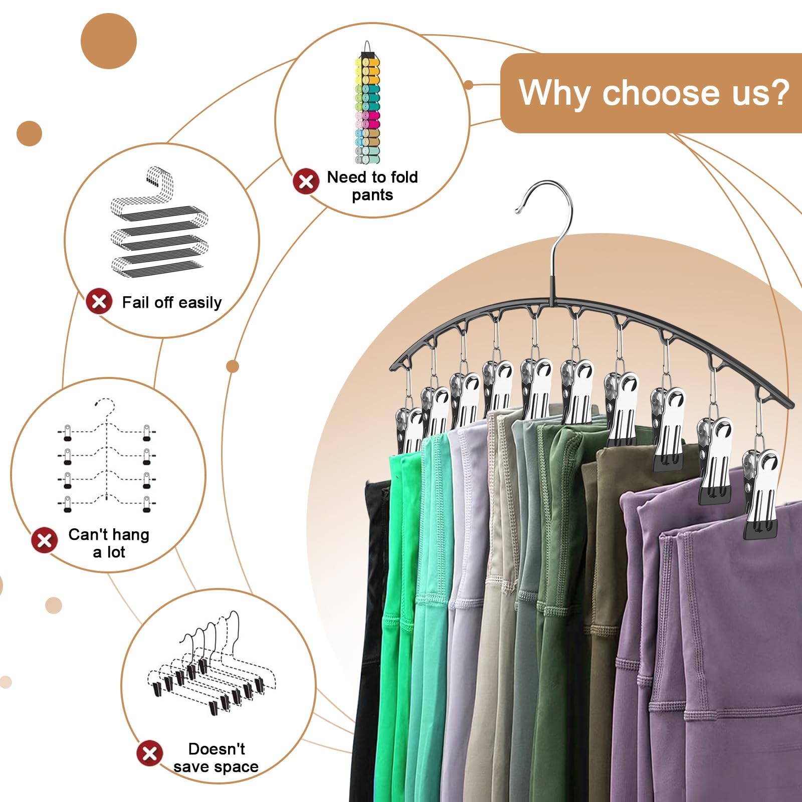 2 Pack Skirt Pants Hangers with Clips Space Saving, Legging Organizer for Closet Hanging with 10 Clips Hold 20 Leggings Shorts Jeans Skirts, Black