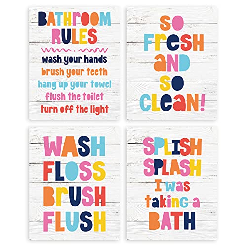 VIYZZX Colorful Kids Bathroom DecorWall Art Prints Set Of Four Photos 8x10 Farmhouse Bathroom Rules Sign Toilet Restroom Nursery Decor for Baby Girls Boys