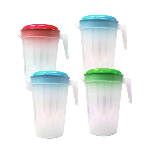 4.5 Liter Round Clear Plastic Pitcher With Lid & Handle For Water Iced Tea Beverages (4 Packs Assorted Color)