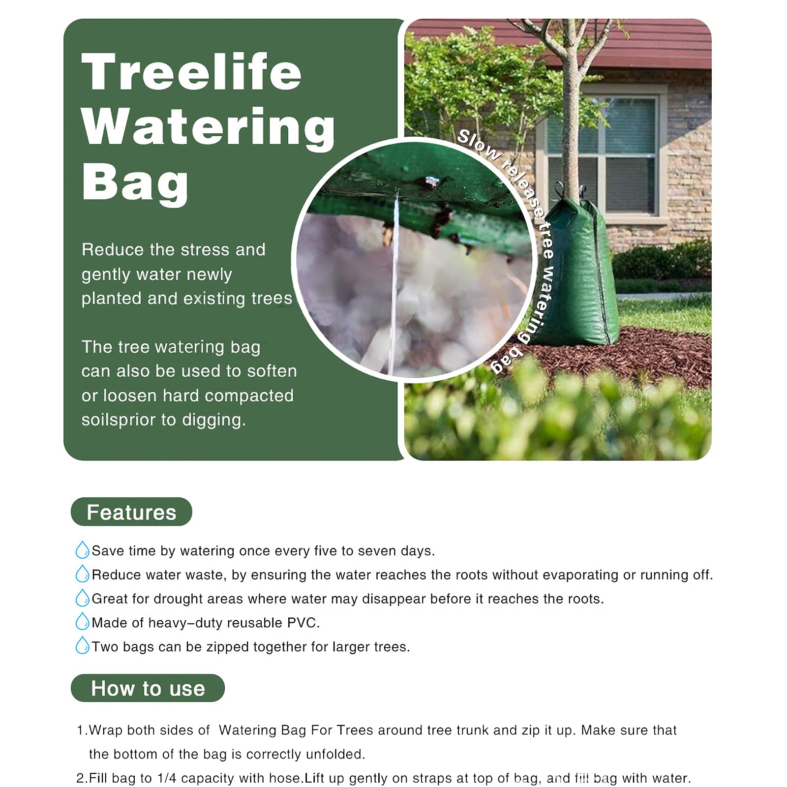 DAENO Gator Tree Water Bag 20 Gallon 2 Pack Tree Ring Slow Release Tree Watering Bag Adjustable for Plants Established Trees with Drip Tube and Zipper Made of Durable PVC Material