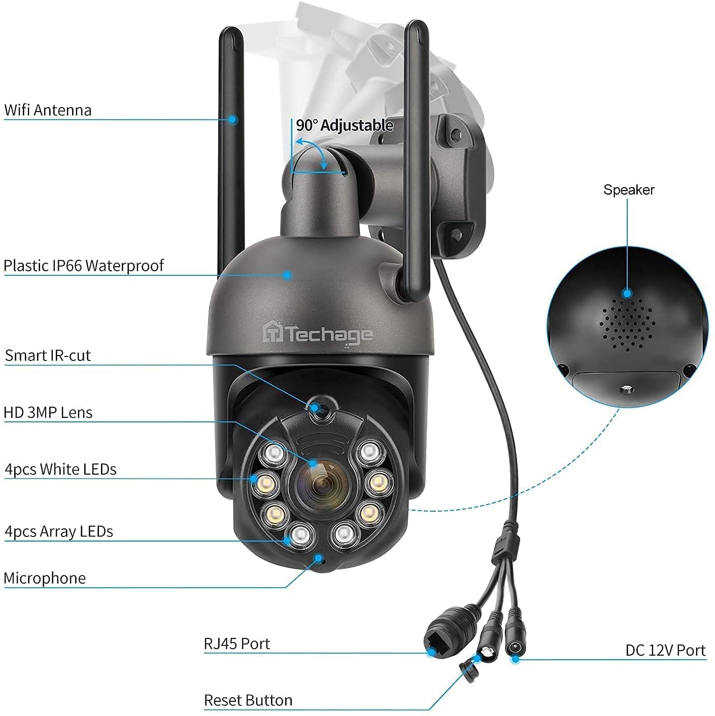 Techage PT815G, Plug-in, Pan Tilt Security Camera Outdoor, Auto Tracking, 3MP, 360° View, WiFi, 2 Way Audio, Color Night Vision with Floodlights, IP66 Waterproof, SD Card/Cloud Storage, Grey