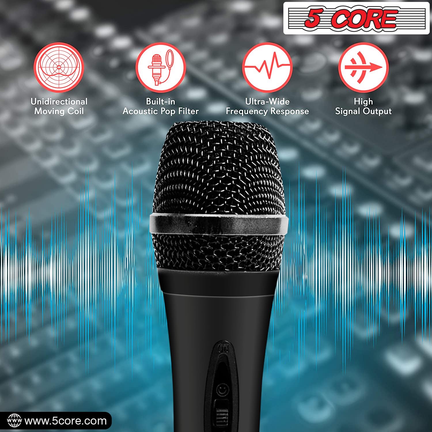 5 CORE Microphone Dynamic Vocal Handheld Mic Cardioid Unidirectional Microfono w On Off Switch + XLR Audio Cable for Singing PM-286