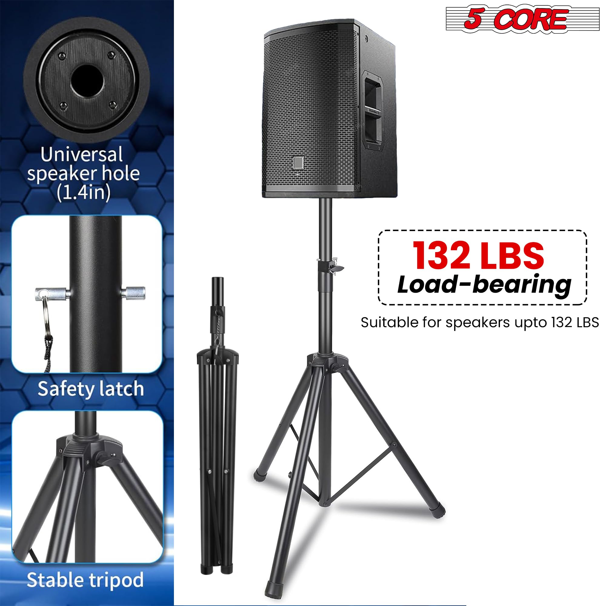 5 Core Speaker Stand Pair Tripod Floor Heavy Duty Adjustable Up to 72 Inch DJ Studio Monitor Stands Pole Mount - SS HD 2PK BLK Bag