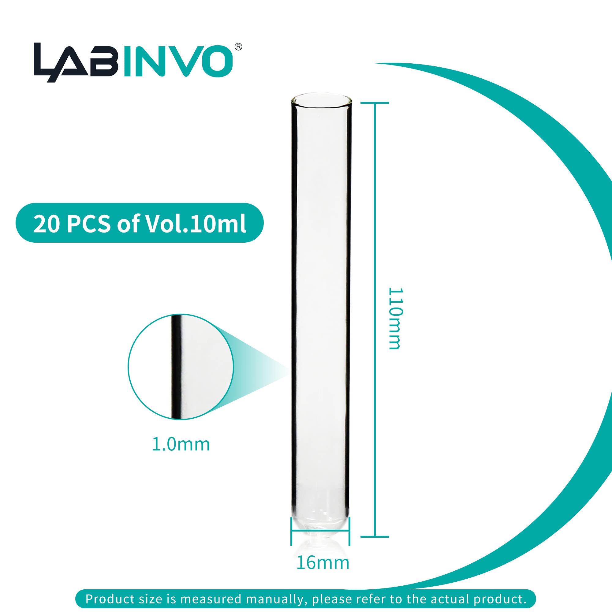 LABINVO 10ml Glass Round Bottom Test Tubes, Thickness 1.0, 16x100mm, Pack of 20, IN-TTG10
