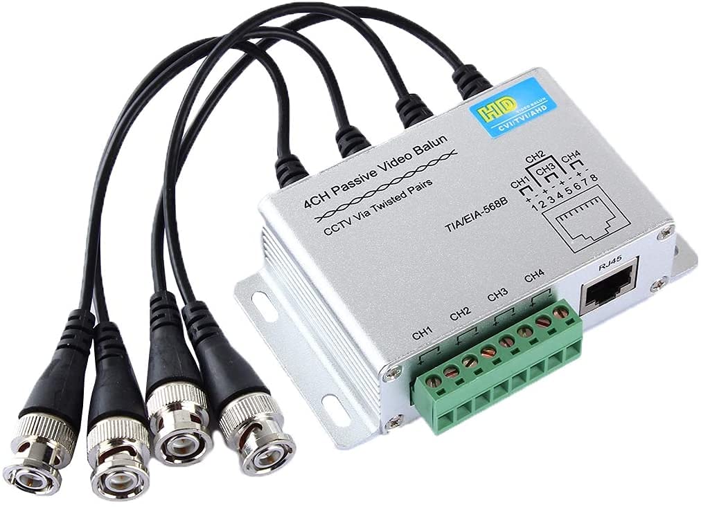 BeElion 4-CH 720P/1080P HD Passive Video Balun, Aluminium Alloy BNC to RJ45 Network Transceiver Cat5e/Cat6 Adapter AHD/TVI/CVI/CVBS for Full HD Security Surveillance Camera System