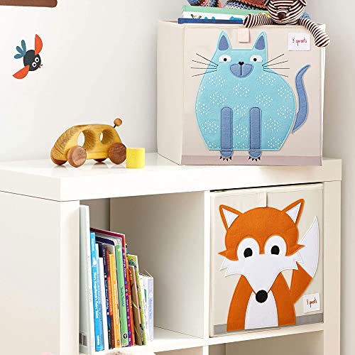 3 Sprouts Large 13 Inch Square Children's Foldable Fabric Storage Cube Organizer Box Soft Toy Bin 2 Piece Bundle with Blue Cat and Orange Fox Designs