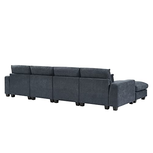 130" 5 Seaters Modular Deep Seat Down Feather Filled Sectional Sofa Couch with 4 Waist Pillows for Home Office Apartment Living Room Furniture Sets ,L-Shaped Corner Sofa&Couch Movable Ottoman/Chaise