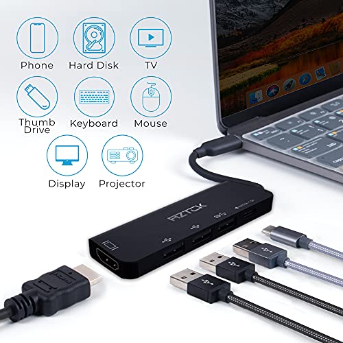 Aluminum USB Hub, USB-C Hub with 2.0 and 3.0 USB Ports, HDMI Port and 5V Charger, 5-in-1 USB Hub for USB C Devices, Black - AZTCK