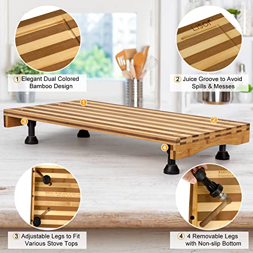 Bamboo Stovetop Cover&Countertop Cutting Board with Adjustable Legs, Dual-purpose Chopping Board for Electric Stove Burner, Workspace Block Cover for RV Camping Camper Gas Cook Top Cover