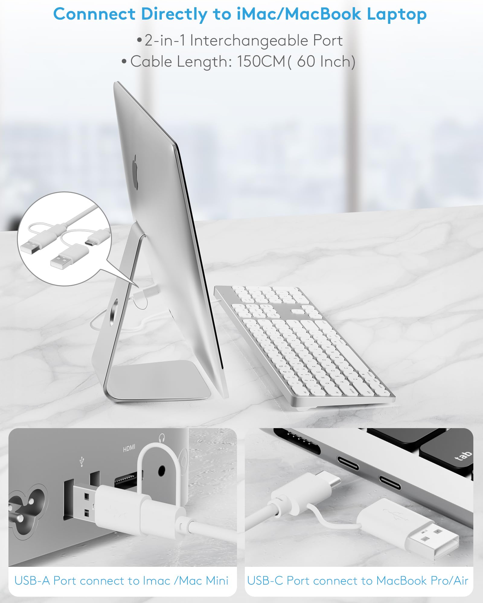 Aluminum USB Wired Keyboard with Numeric Keypad for Apple Mac Pro, Mini Mac, iMac, iMac Pro, MacBook Pro/Air