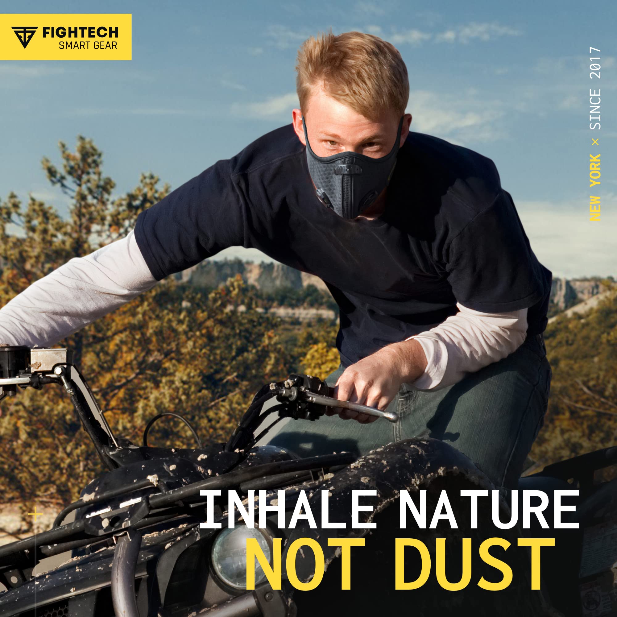 FIGHTECH Reusable Dust Mask with 6 Filters and 2 Extra Vents | Mowing, Construction, Woodworking Mask (Medium, Black)