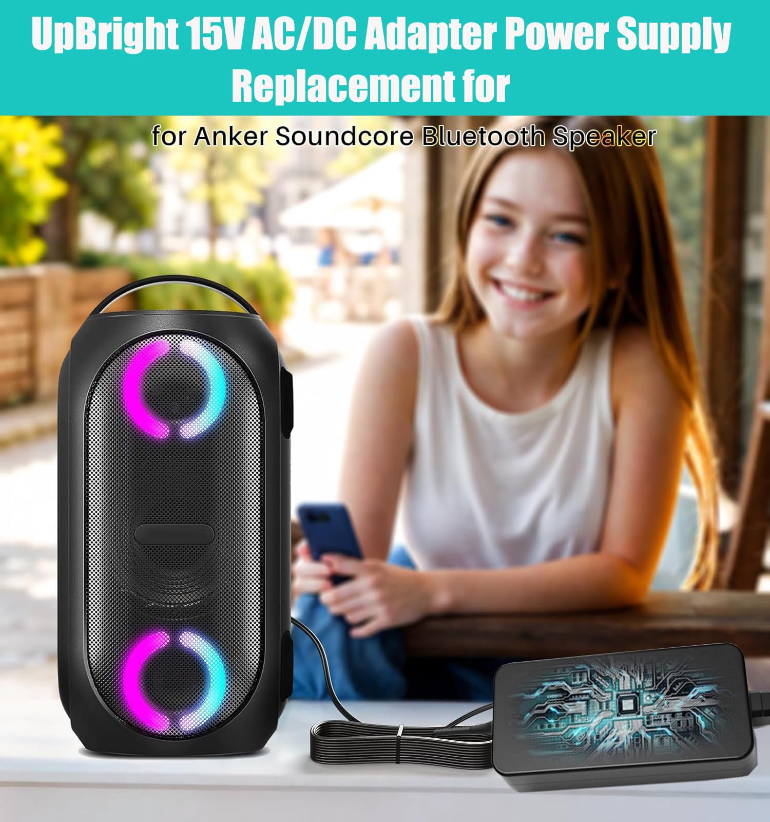 UpBright 15V AC/DC Adapter Compatible with Anker Soundcore Rave Mini A3390 A3390Z11 AK-A3390Z11 AKA3390Z11 A3390H12 PartyCast IPX7 Waterproof Bluetooth Portable Speaker 3A Power Supply Battery Charger
